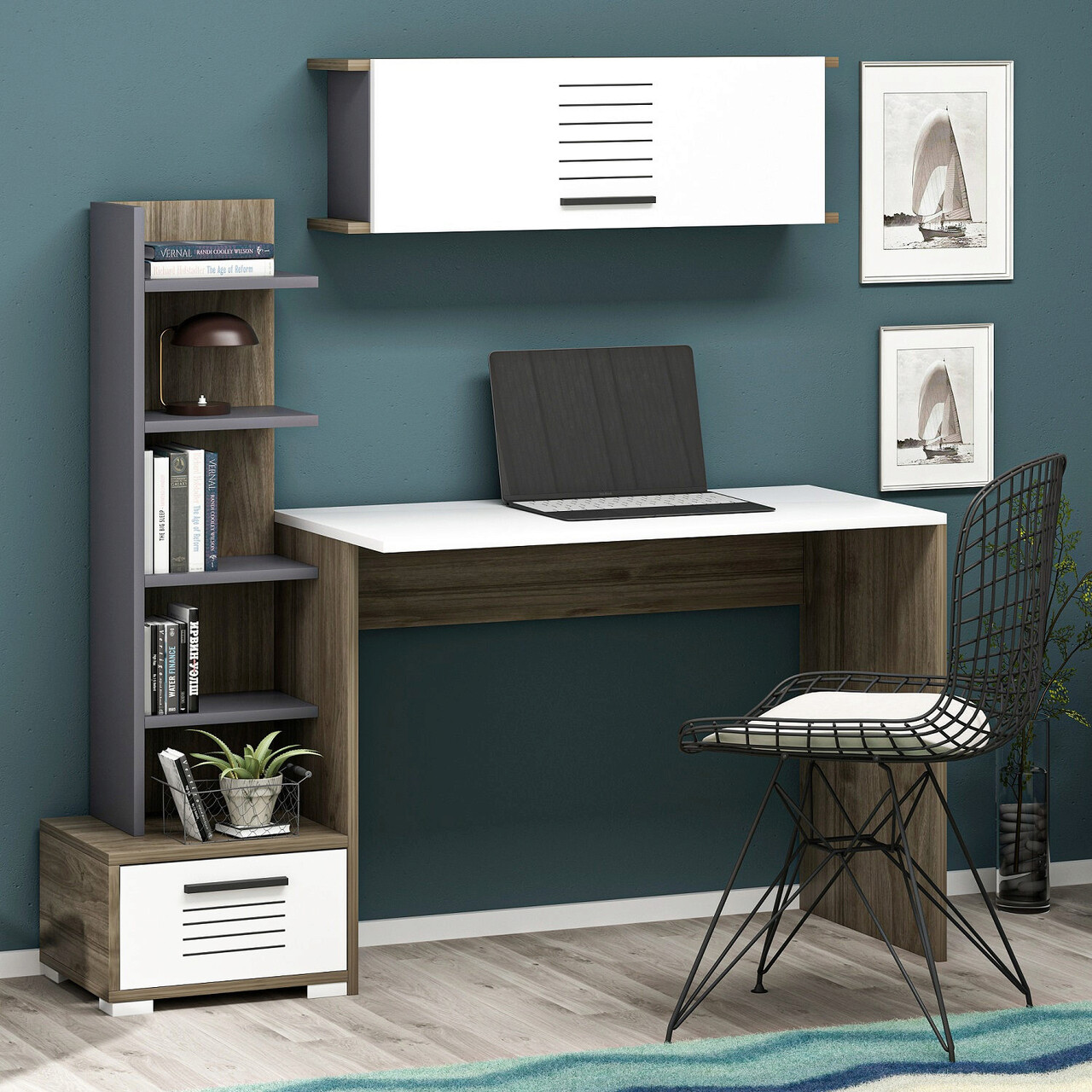 Birou, Olivia, Dawn, 120x72x60 cm, PAL, Nuc / Alb / Antracit - Mezoni