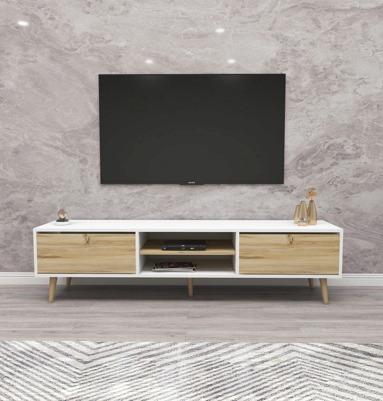Comoda TV, Kalune Design, Kraf 180, 180x50x40 cm, Pâslă / Alb - mezoni.ro
