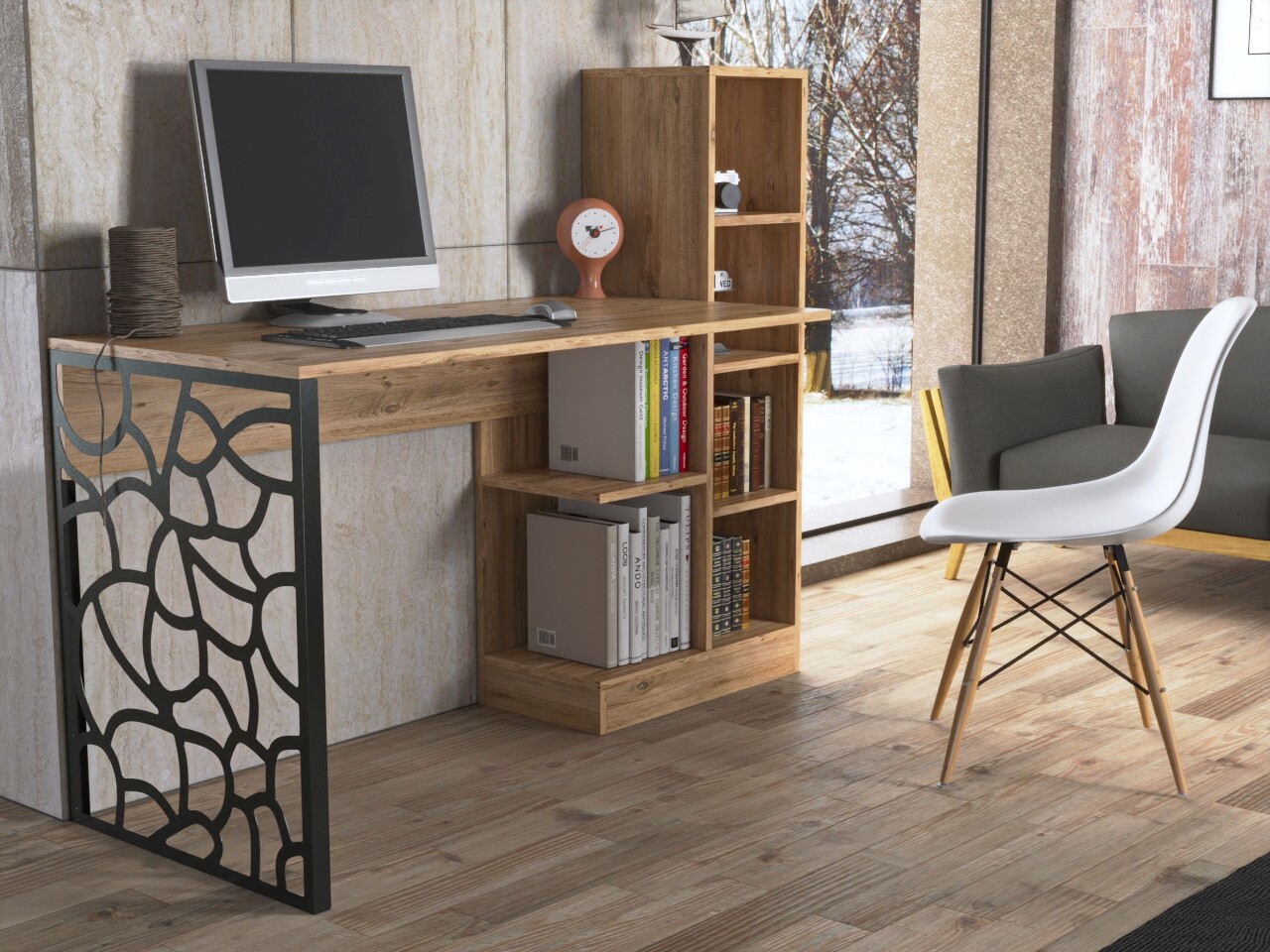 Birou cu raft, Wood'n Love, Elektra, 120 x 60 x 120 cm, pal/metal, pin ...