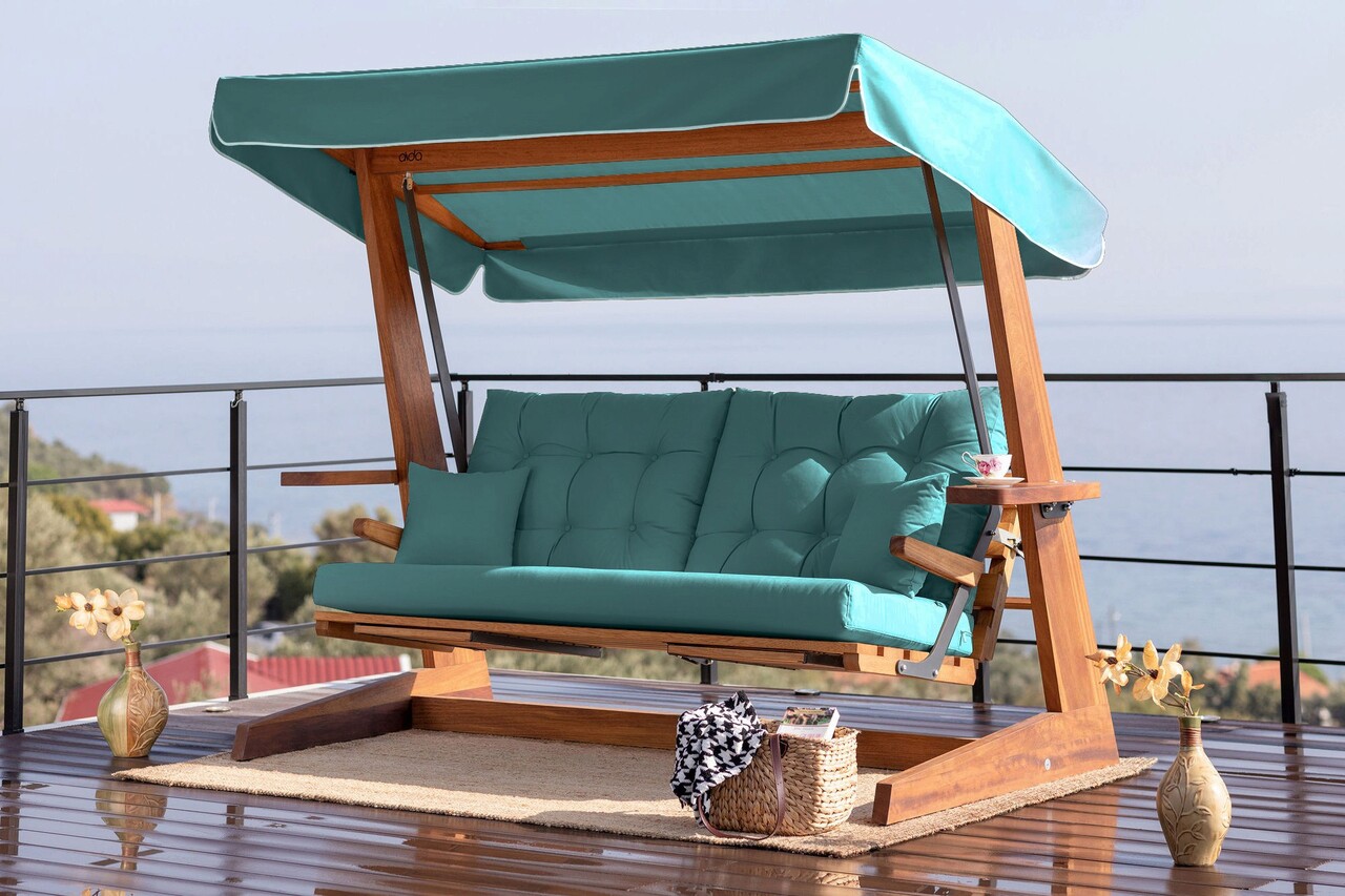 Balansoar de gradina 3 locuri, Swingo, Sia 2200, Lemn, Natural/Verde ...