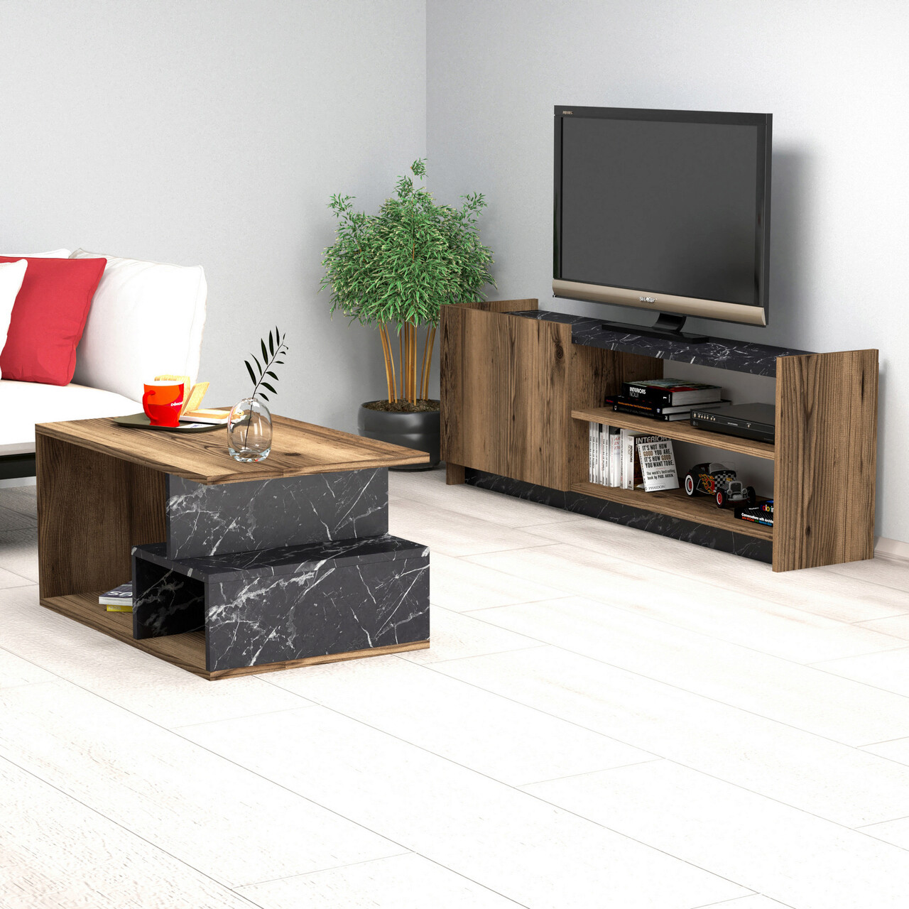 Set mobilier living, Mezza, Set 1486, Nuc / Negru - mezoni.ro