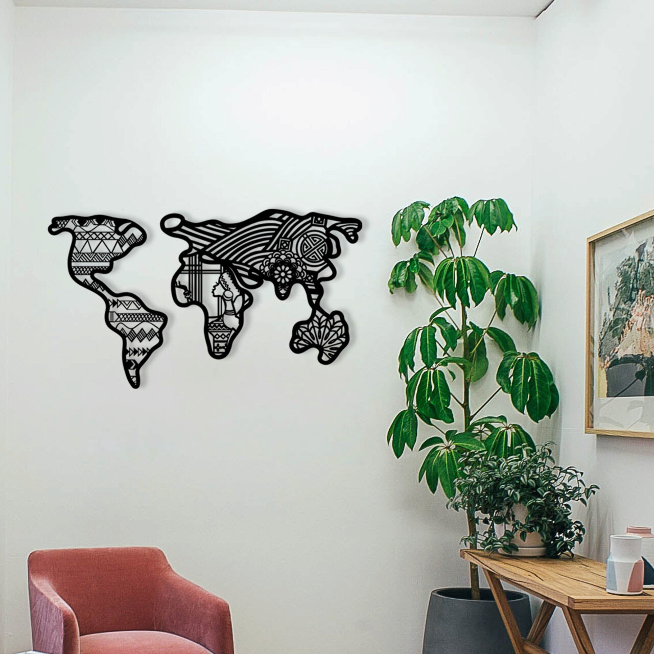 Decoratiune de perete, World Map 8, Metal, 100 x 57 cm, Negru - Mezoni