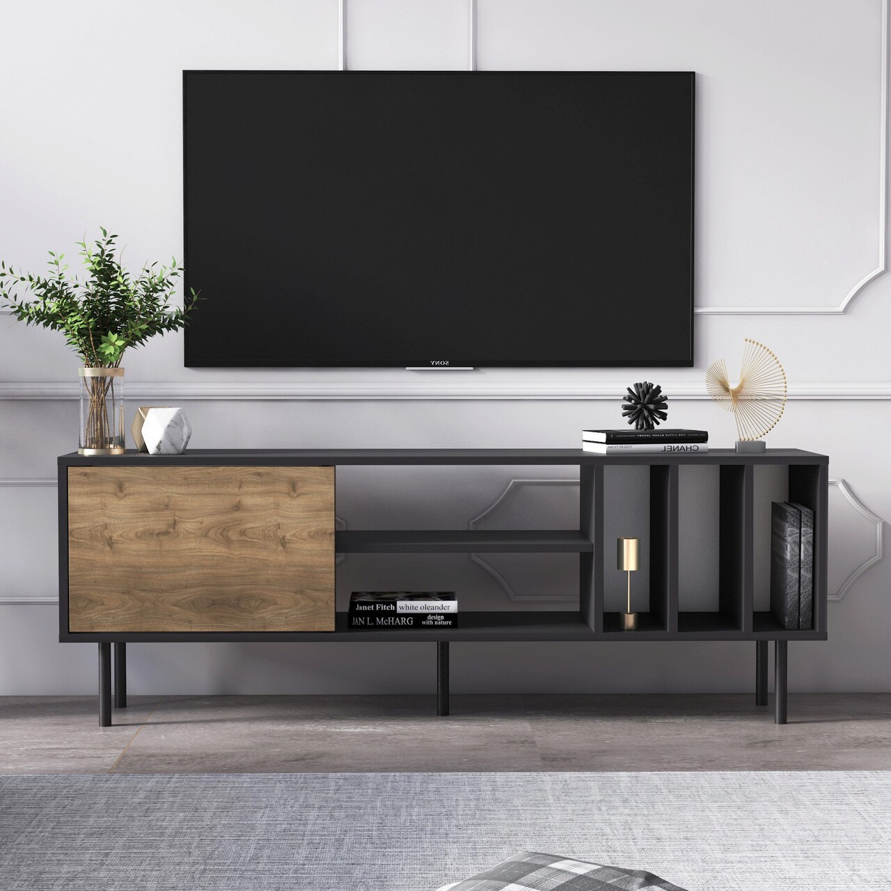 Comoda TV, Minima, Pietra, 160x57.2x35 cm, Nuc / Negru - Mezoni