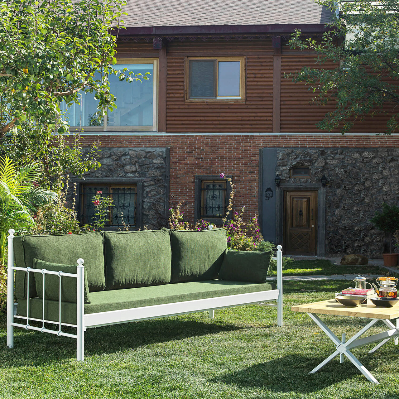 Canapea de gradina cu 3 locuri, Heaven, Lalas, 210x92x76 cm, Alb/Verde ...