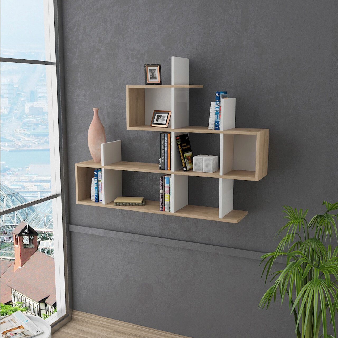 Raft de perete, Lagomood, Lagomood Enky, 129x99x22 cm, Stejar alb ...