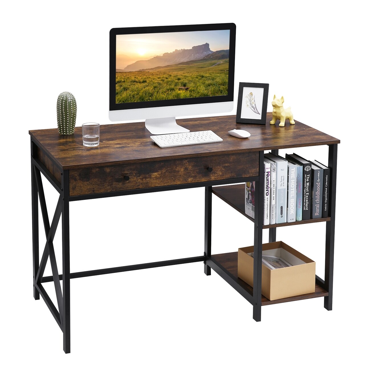 Birou cu sertar, Vasagle, 120 x 60 x 80 cm, PAL/otel, maro rustic ...