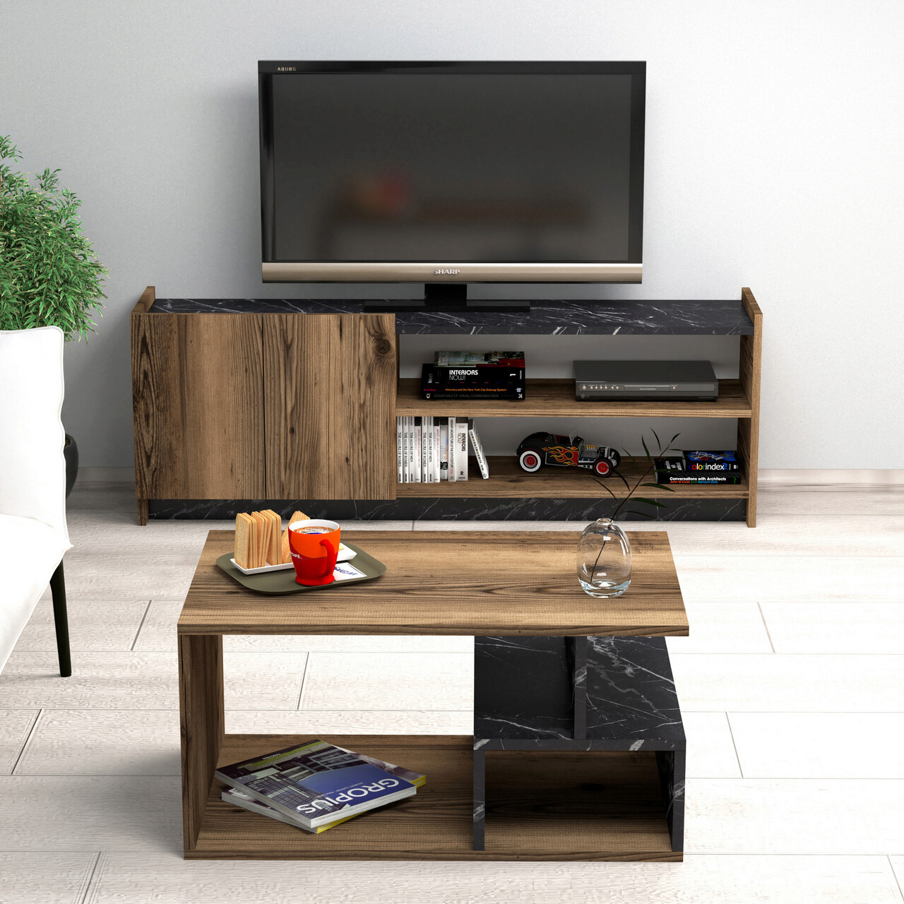 Set mobilier living, Mezza, Set 1486, Nuc / Negru - mezoni.ro