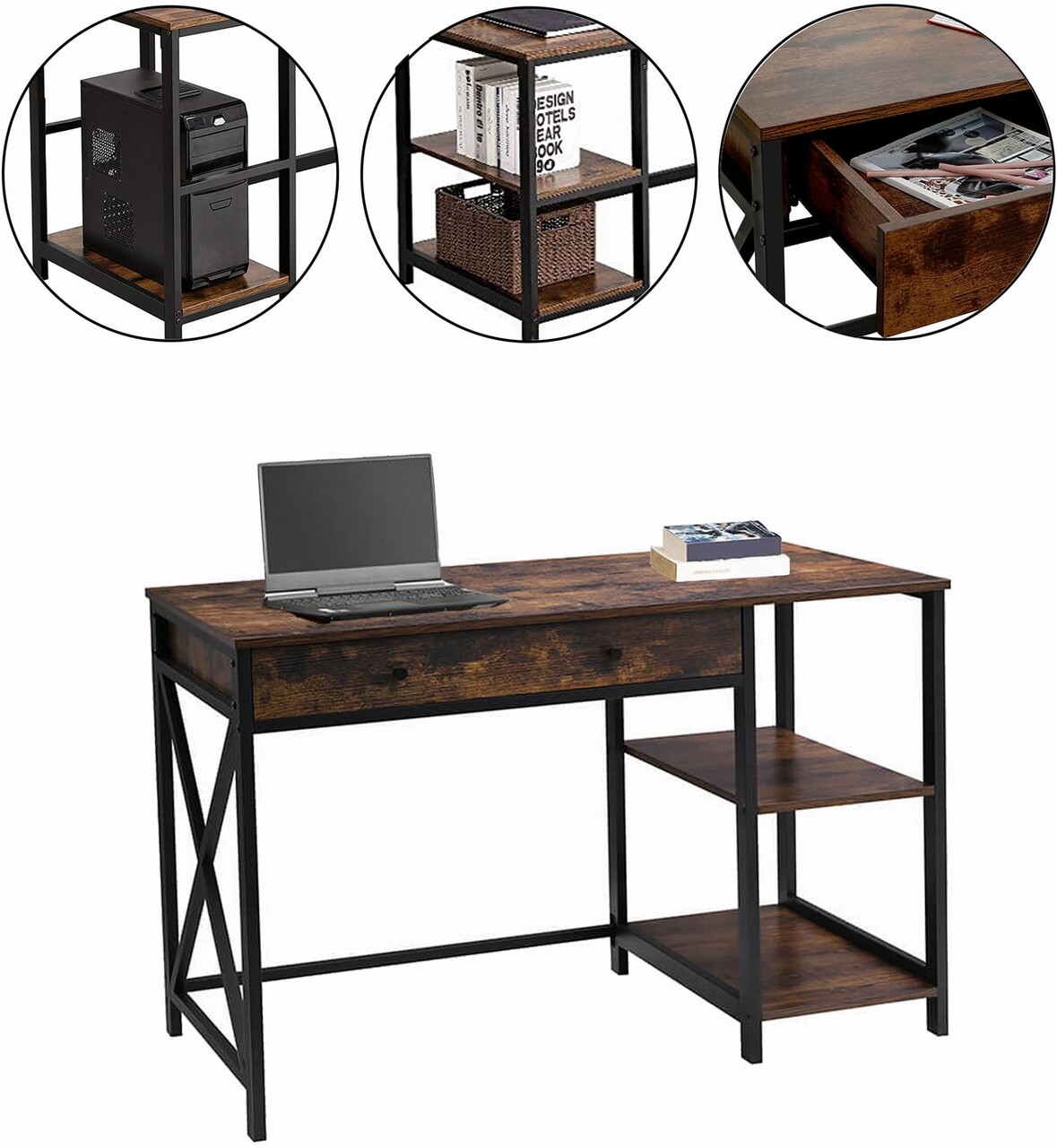 Birou cu sertar, Vasagle, 120 x 60 x 80 cm, PAL/otel, maro rustic ...