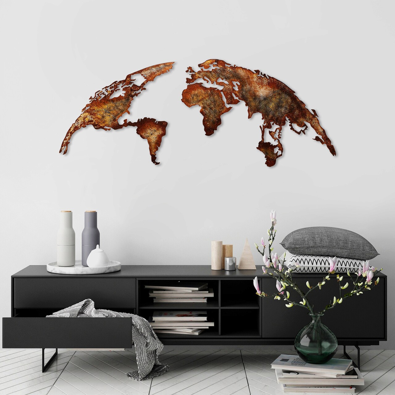 Decoratiune de perete, World Map Medium, Metal, 150 x 59 cm, Multicolor ...