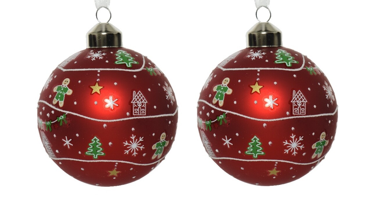 Set 3 globuri Gingerbread snow, Decoris, Ø8 cm, sticla, rosu - mezoni.ro