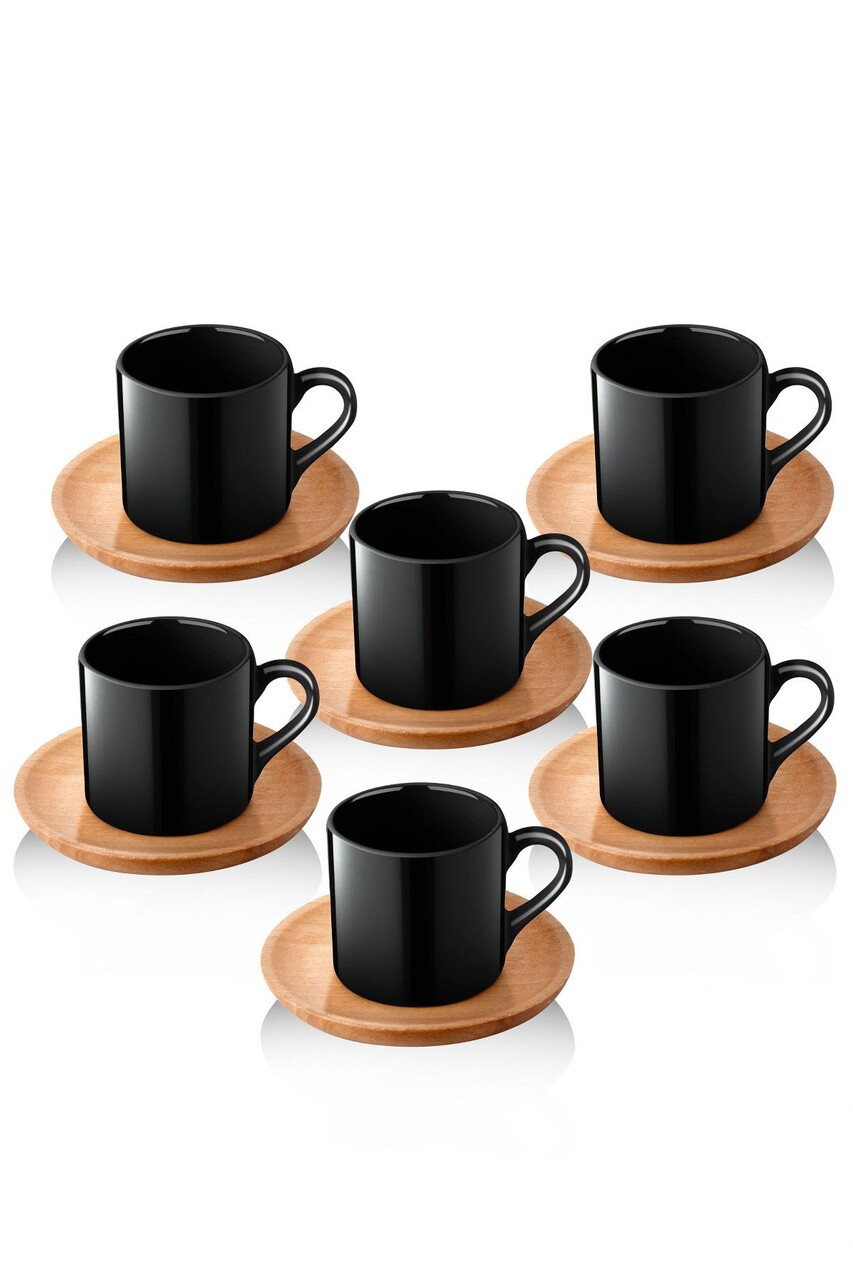 Set 6 cesti cu farfurie TEP - Black, Rowe, ceramica/lemn, negru - Mezoni