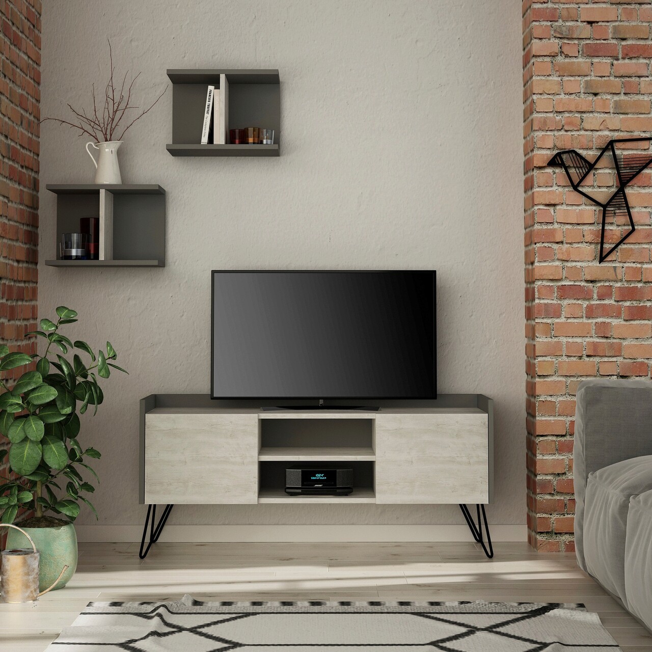 Comoda TV, Homitis, Klappe Tv Stand, Alb / Antracit - mezoni.ro