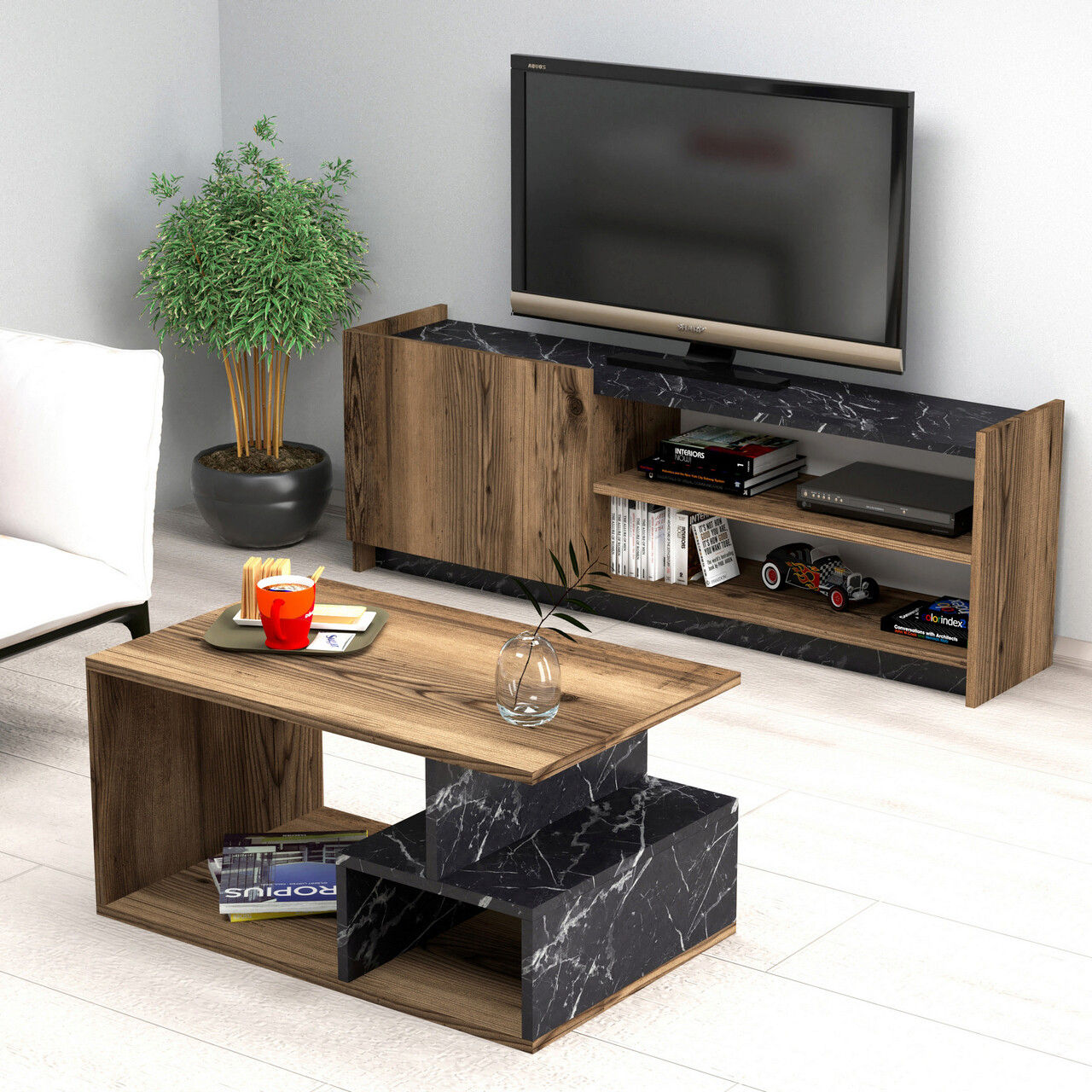 Set mobilier living, Mezza, Set 1486, Nuc / Negru - mezoni.ro