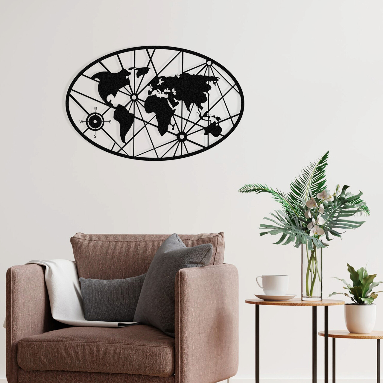 Decoratiune de perete, World Map Small, metal, 70 x 45 cm, negru - Mezoni