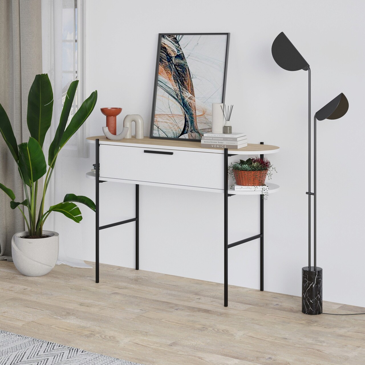 Consola, Homitis, Otis, 130x86.2x38 cm, Stejar / Alb - Mezoni