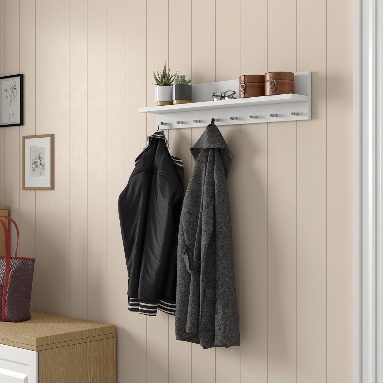 Cuier cu raft M2-1491, Rani, 80x11x18 cm, PAL, alb - Mezoni