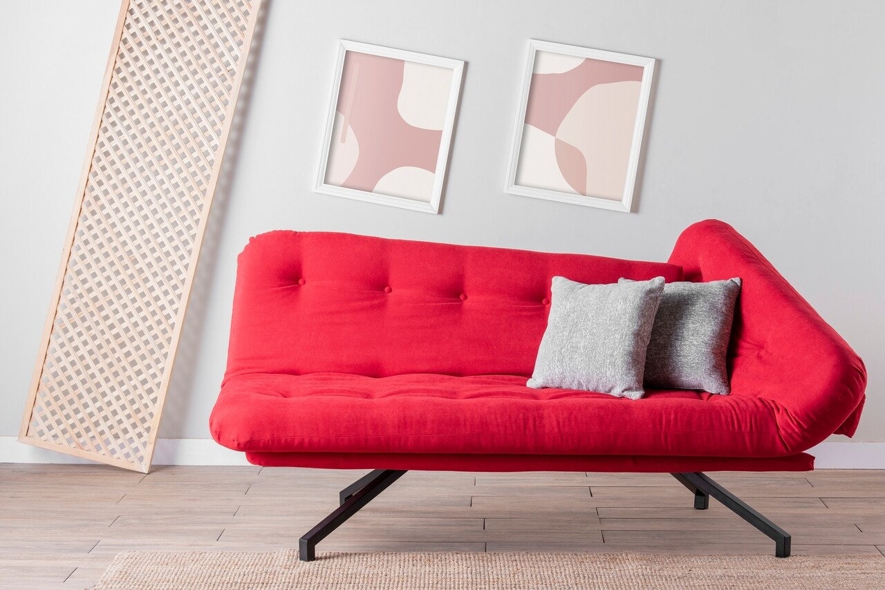 Canapea extensibila Coxy, Futon, 3 locuri, 110x200 cm, metal, rosu ...