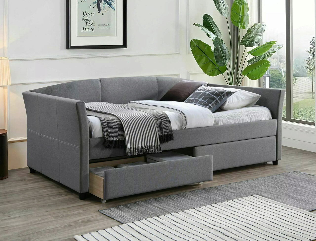 Pat Single tapitat, cu tablie si 2 sertare Lanta, Signal, 90x200 cm ...