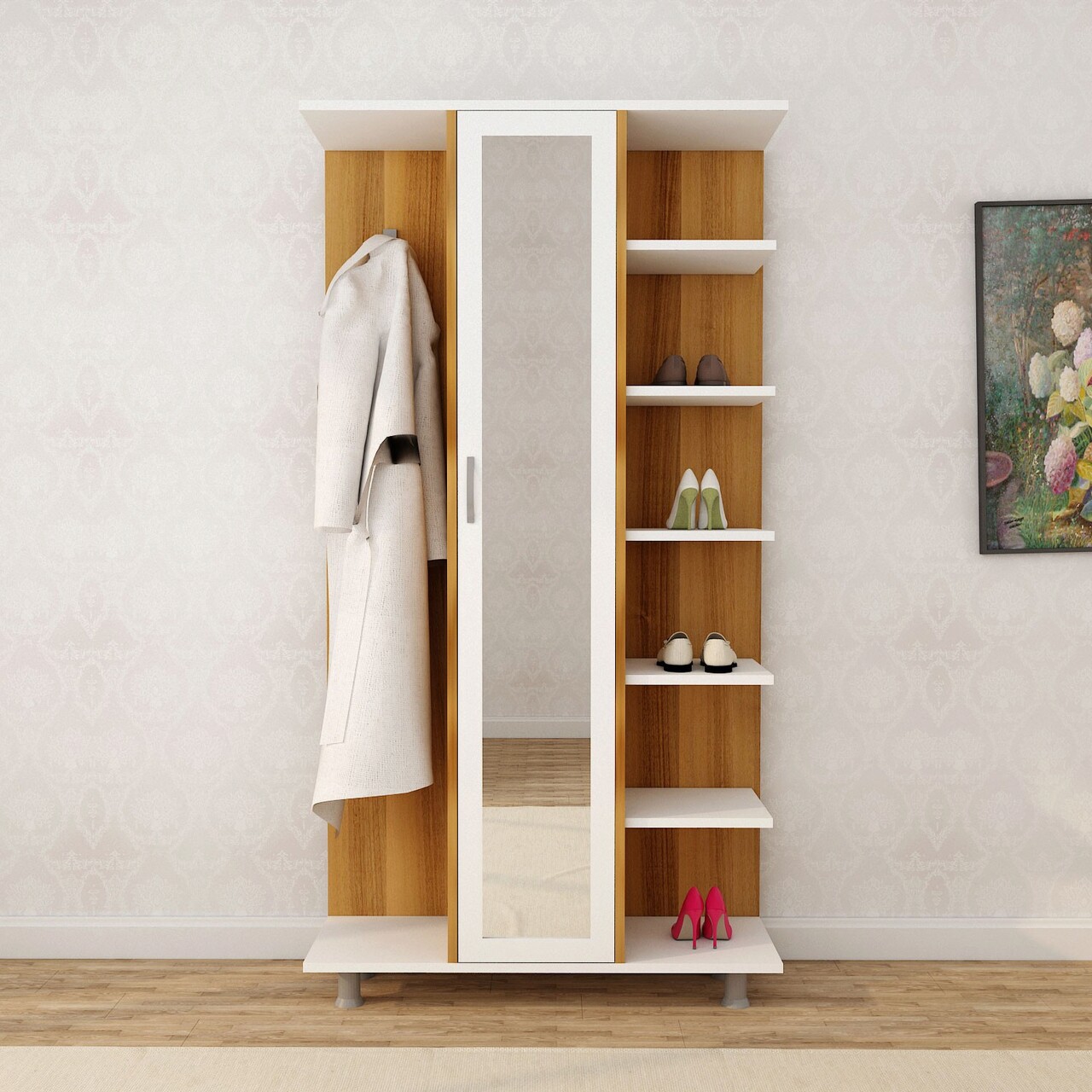 Cuier de perete, Lacivert, Ceviz, 100x180x35 cm, Stejar / Alb - Mezoni