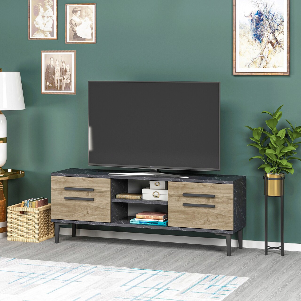 Comoda TV, Olivia, View, 120x48.2x29.6 cm, PAL, Marmură neagră/Nuc - Mezoni