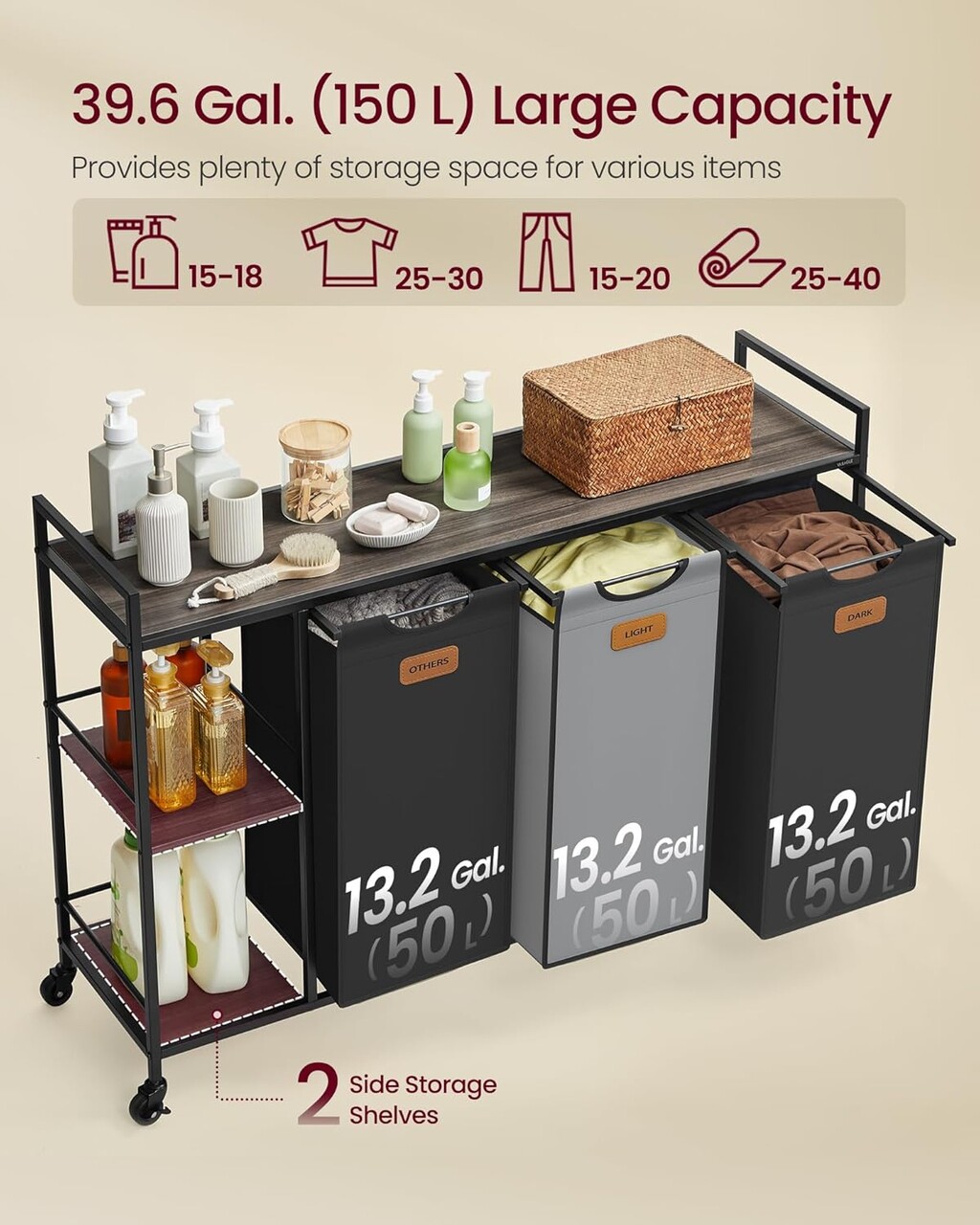 Cos de rufe cu 3 compartimente, rafturi si roti, Vasagle, 150 L ...