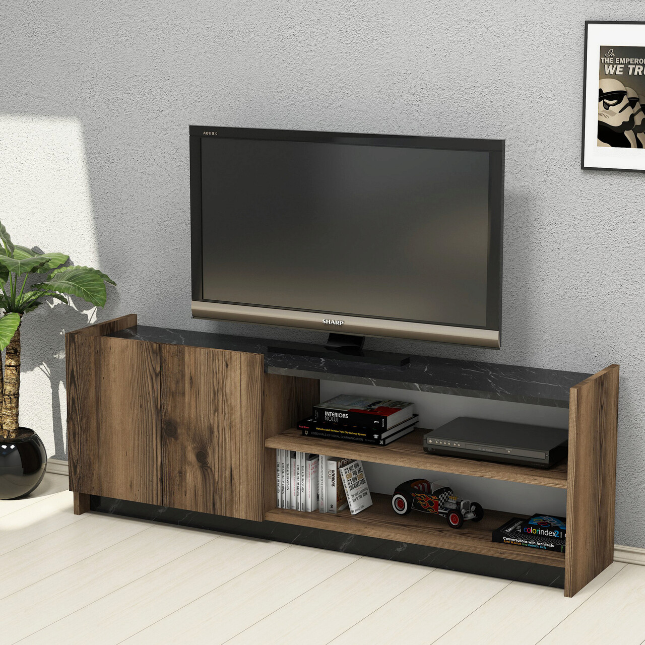 Comoda TV, Mezza, Melodi 1486, 141.6x50x29.5 cm, Nuc Inchis / Marmura ...