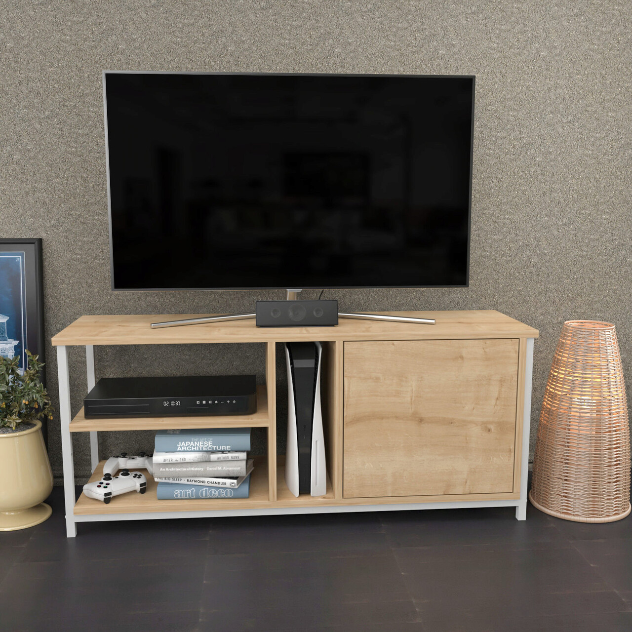 Comoda TV, Retricy, Neola, 120x35.3x50.8 cm, PAL, Stejar alb - mezoni.ro