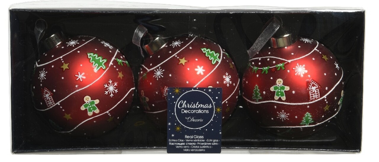 Set 3 globuri Gingerbread snow, Decoris, Ø8 cm, sticla, rosu - mezoni.ro